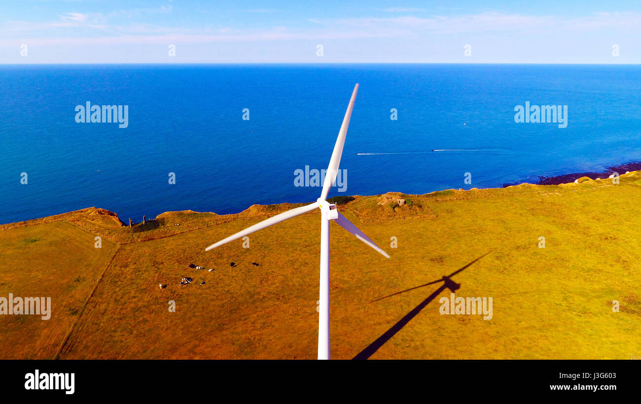 Aerial shot of a wind turbine on the Normandy coast, near Fecamp ...