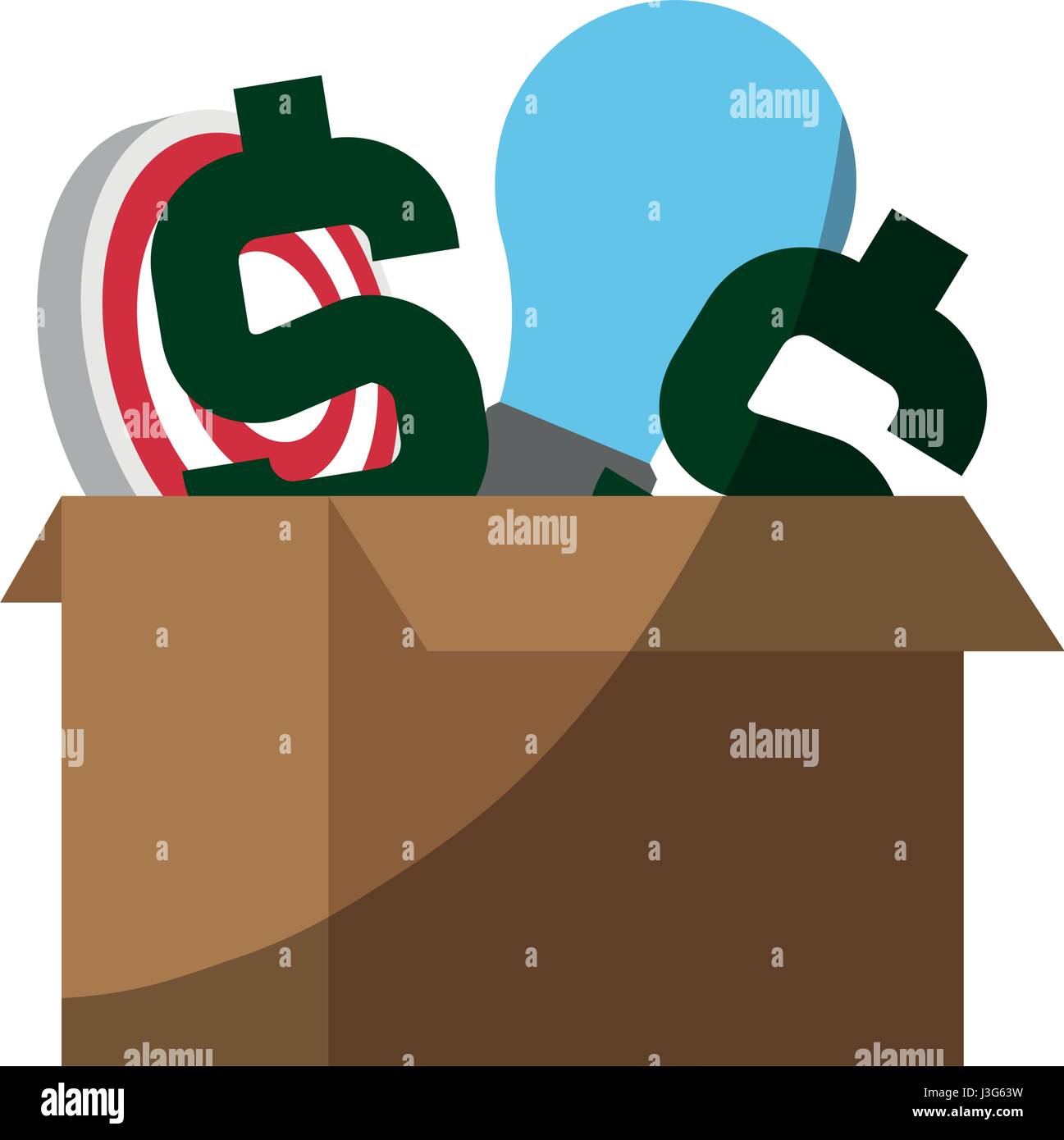 cardboard box with money sign lightbulb and bullseye icon image Stock ...