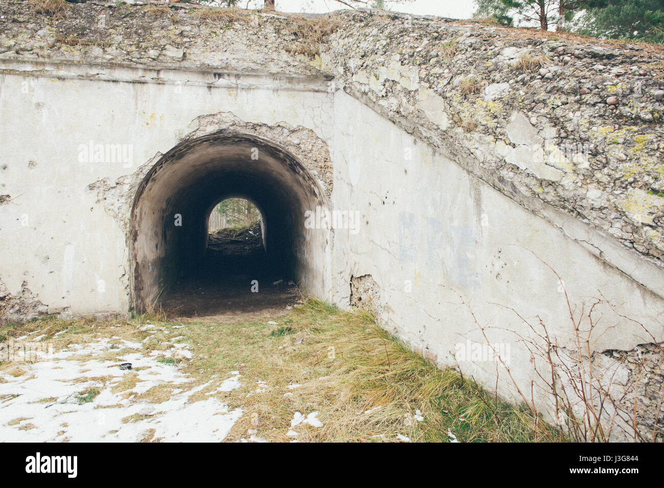 old war fort ruins on the beach in winter. Liepaja, Latvia- vintage ...