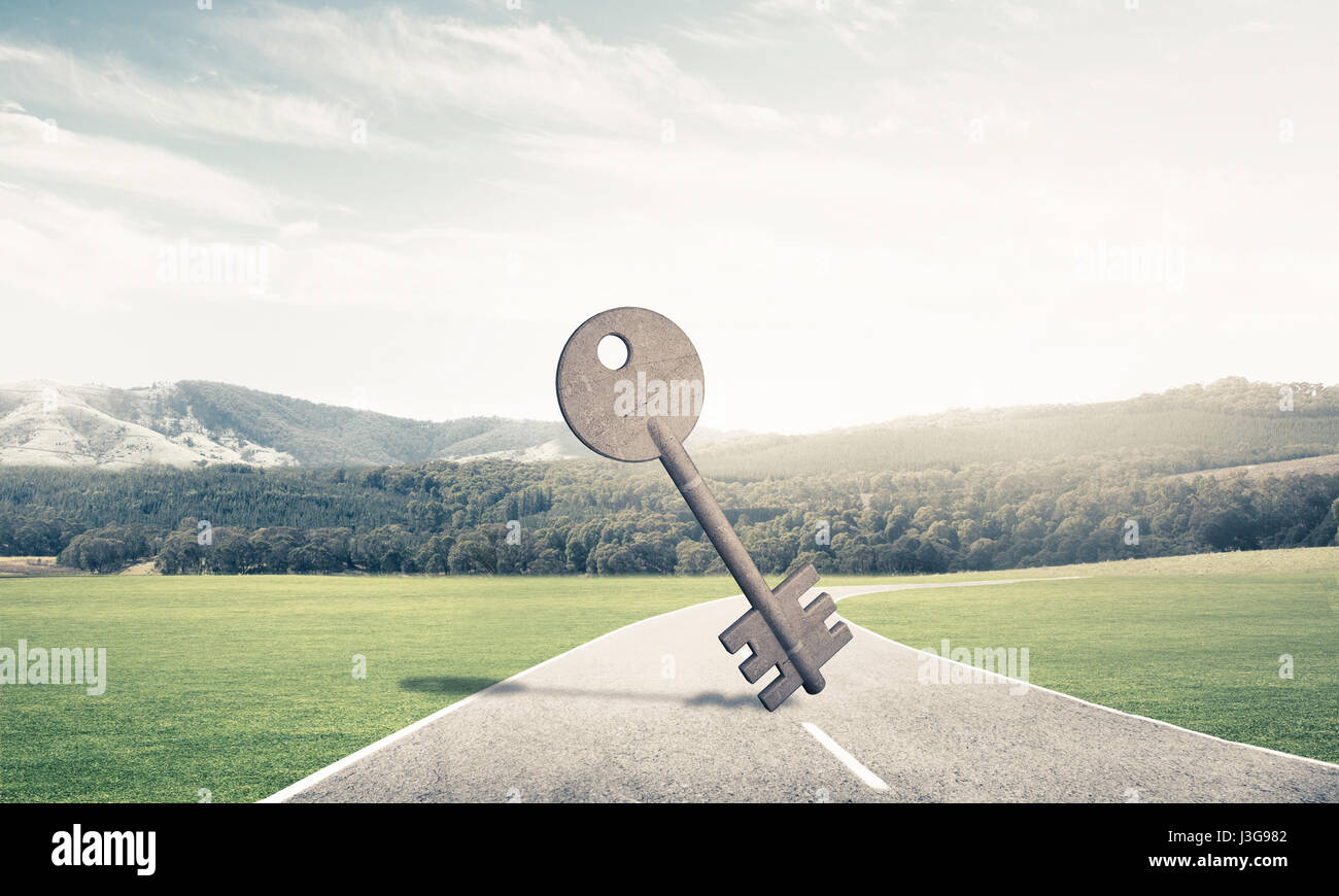 Conceptual background image of concrete key sign on asphalt road Stock ...