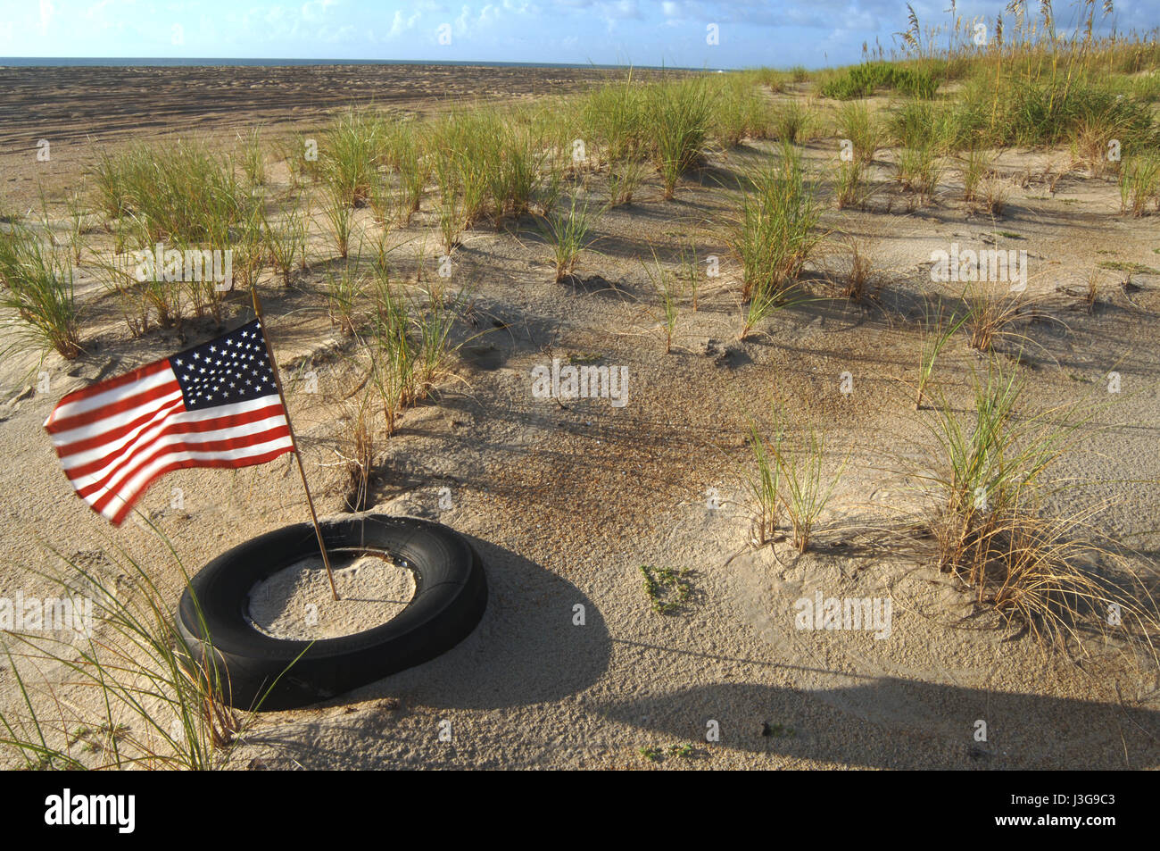 American flag in discarded tire on a beach symbolizes pollution of U.S ...