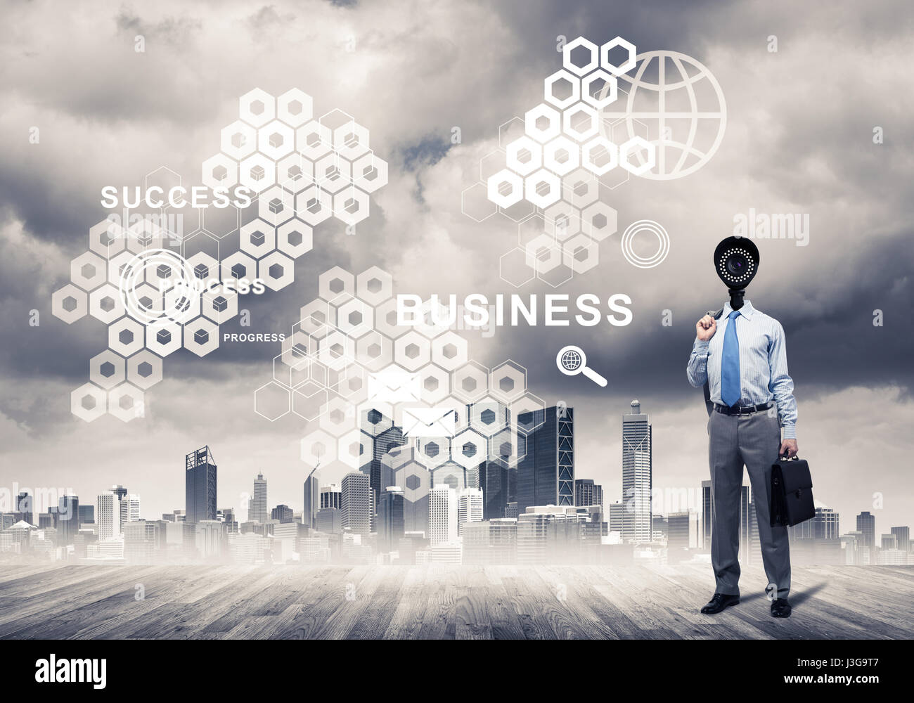 Camera headed man standing on wooden floor against modern citysc Stock ...