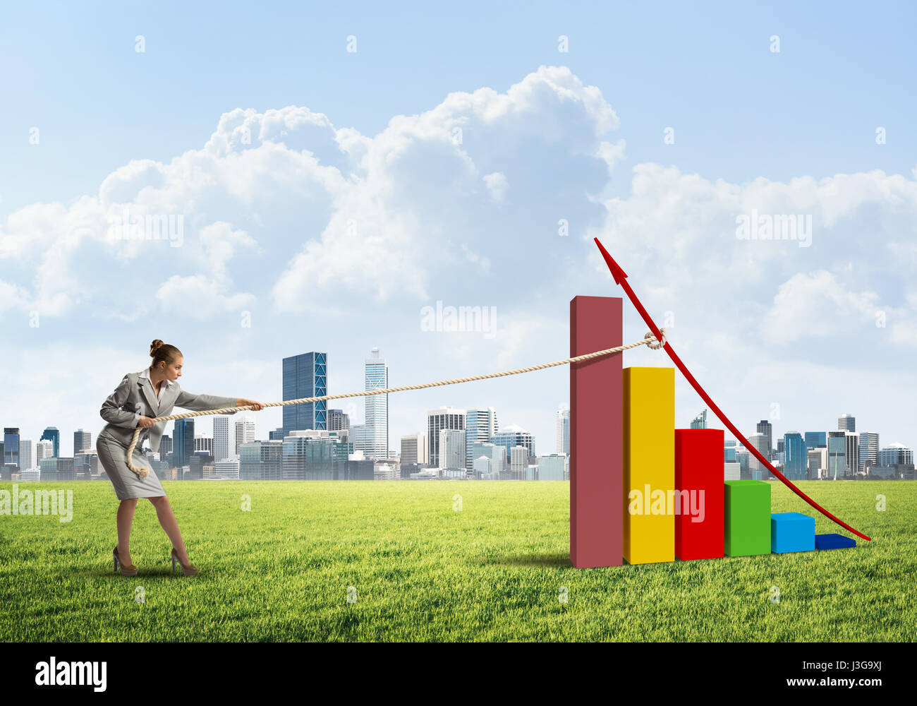 Businesswoman pulling graph with rope as concept of power and control ...