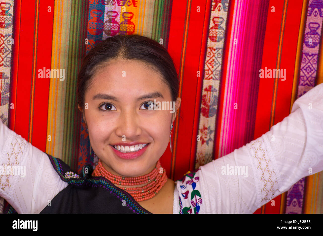Closeup Of A Beautiful Hispanic Model Wearing Andean Traditional