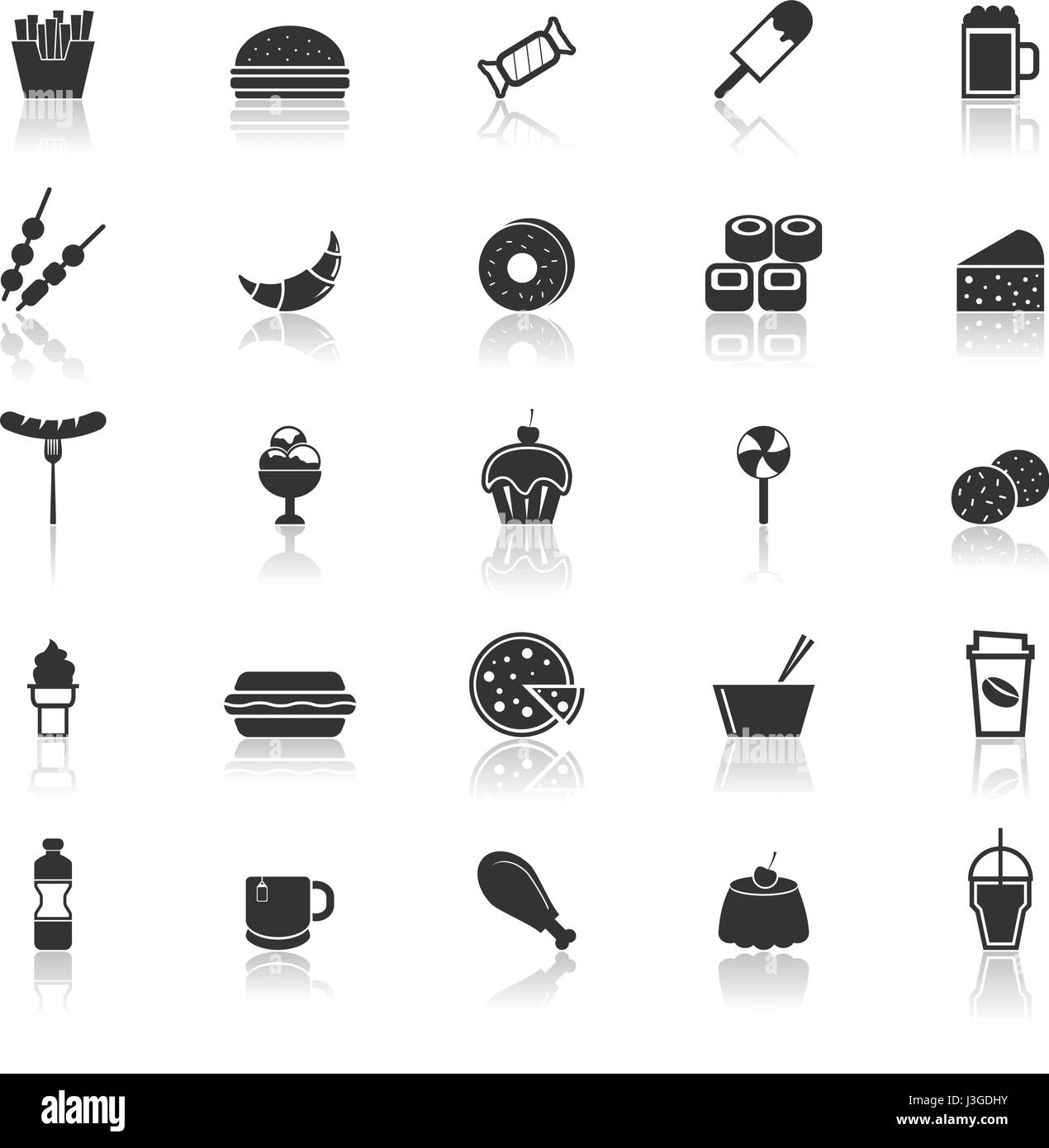 Fast food icons with reflect on white background, stock vector Stock ...