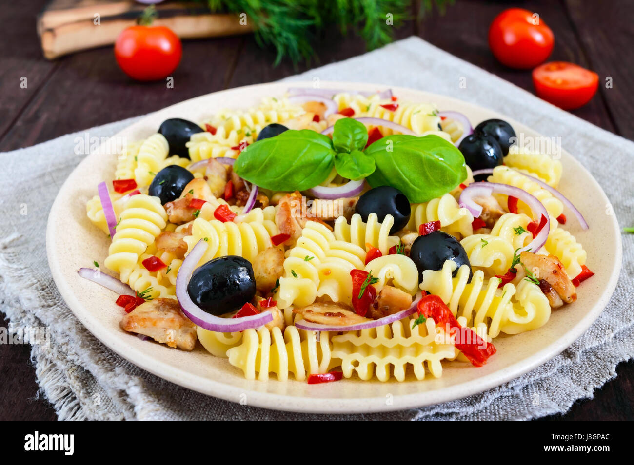 Pasta salad radiatori with chicken, black olives, blue onion, sweet ...