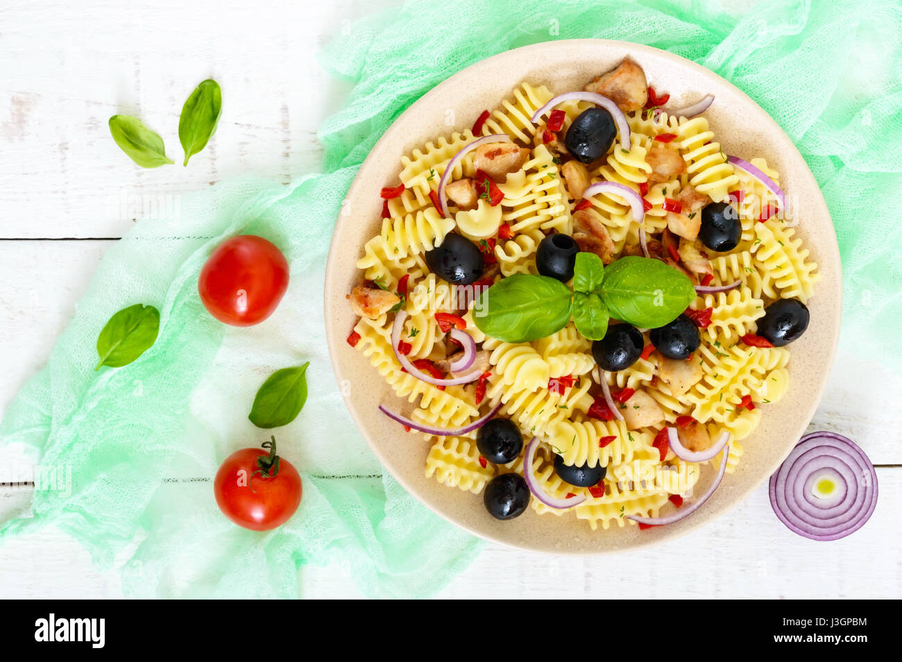 Pasta salad radiatori with chicken, black olives, blue onion, sweet ...