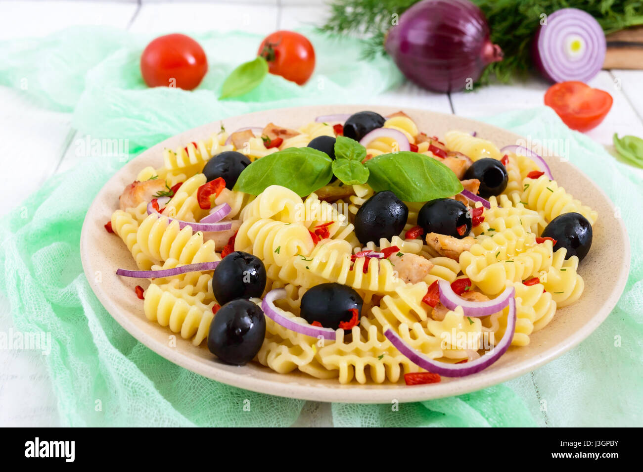 Pasta salad radiatori with chicken, black olives, blue onion, sweet ...
