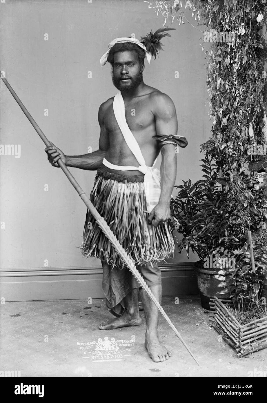 This photograph depicts a Fijian Islander holding a traditional spear ...