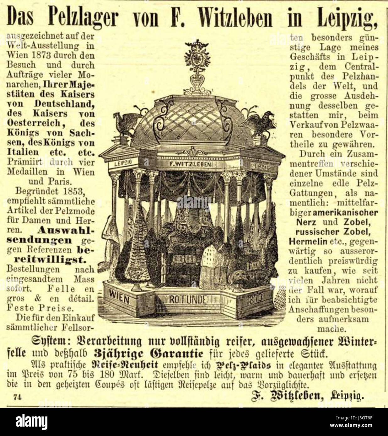 Furrier Witzleben in Leipzig, advertisement 1873 (1 Stock Photo - Alamy