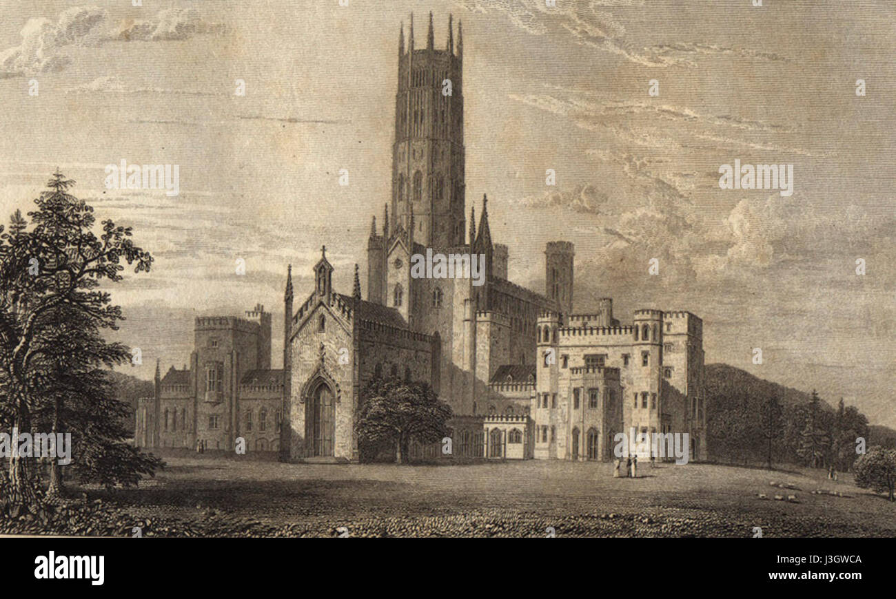 A 19th-century illustration of the southwest view of Fonthill Abbey ...