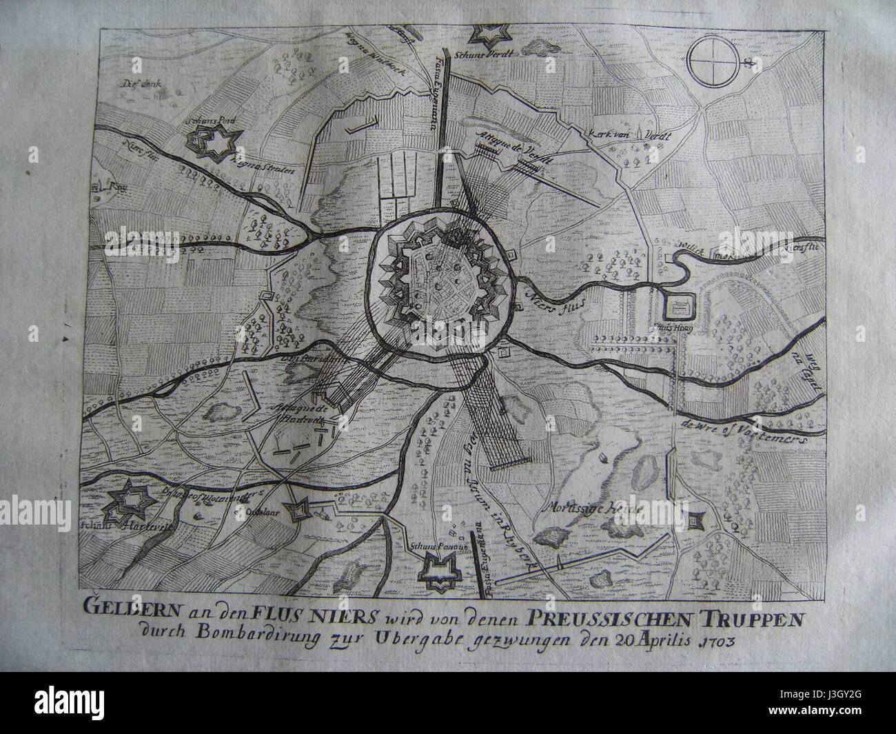 This map of Geldern from 1703 depicts the town and surrounding areas ...