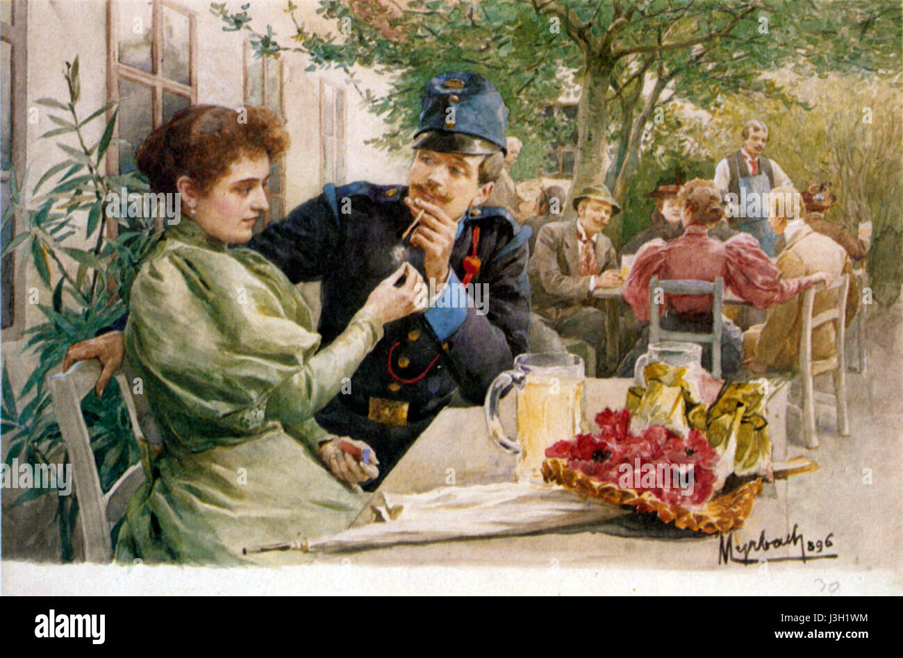 Felician Myrbach's painting 'Im Wirtshausgarten' (1896) depicts a ...