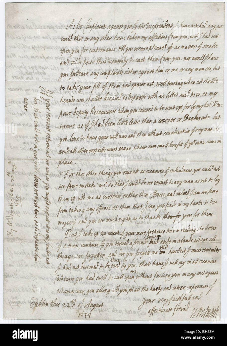 An autograph letter, dated August 22, 1634, sent to Sir Arthur Ingram ...