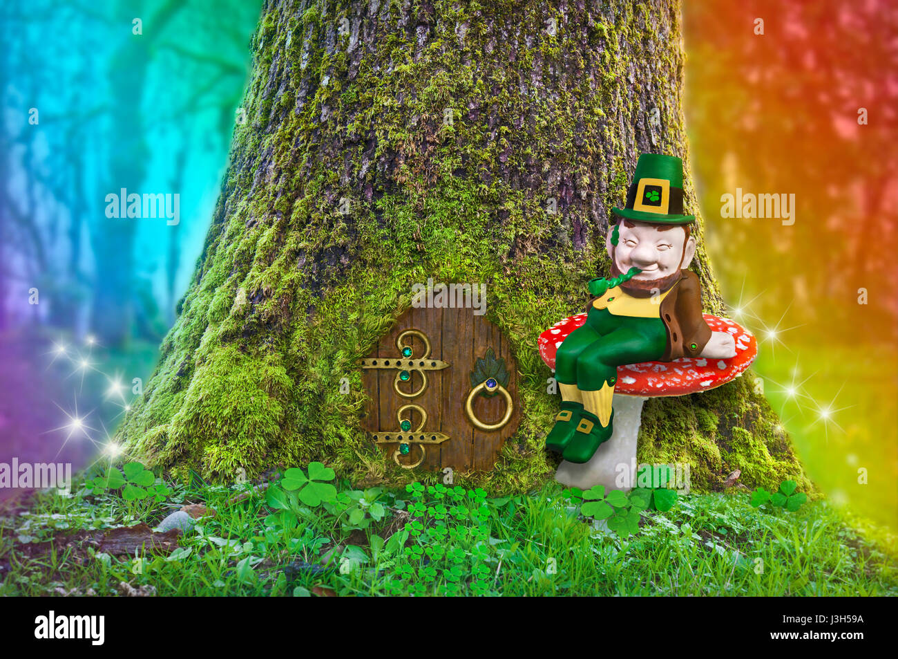 Leprechaun sitting on a mushroom in front of a tree Stock Photo - Alamy