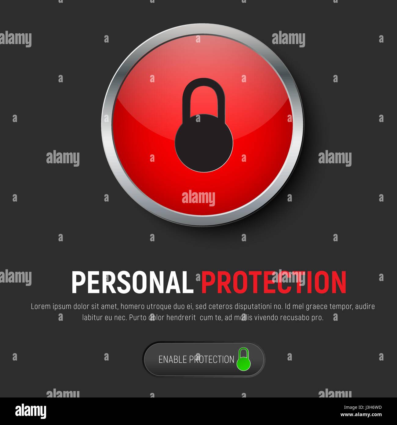 Design of a black web banner with a red round button and an icon of a ...