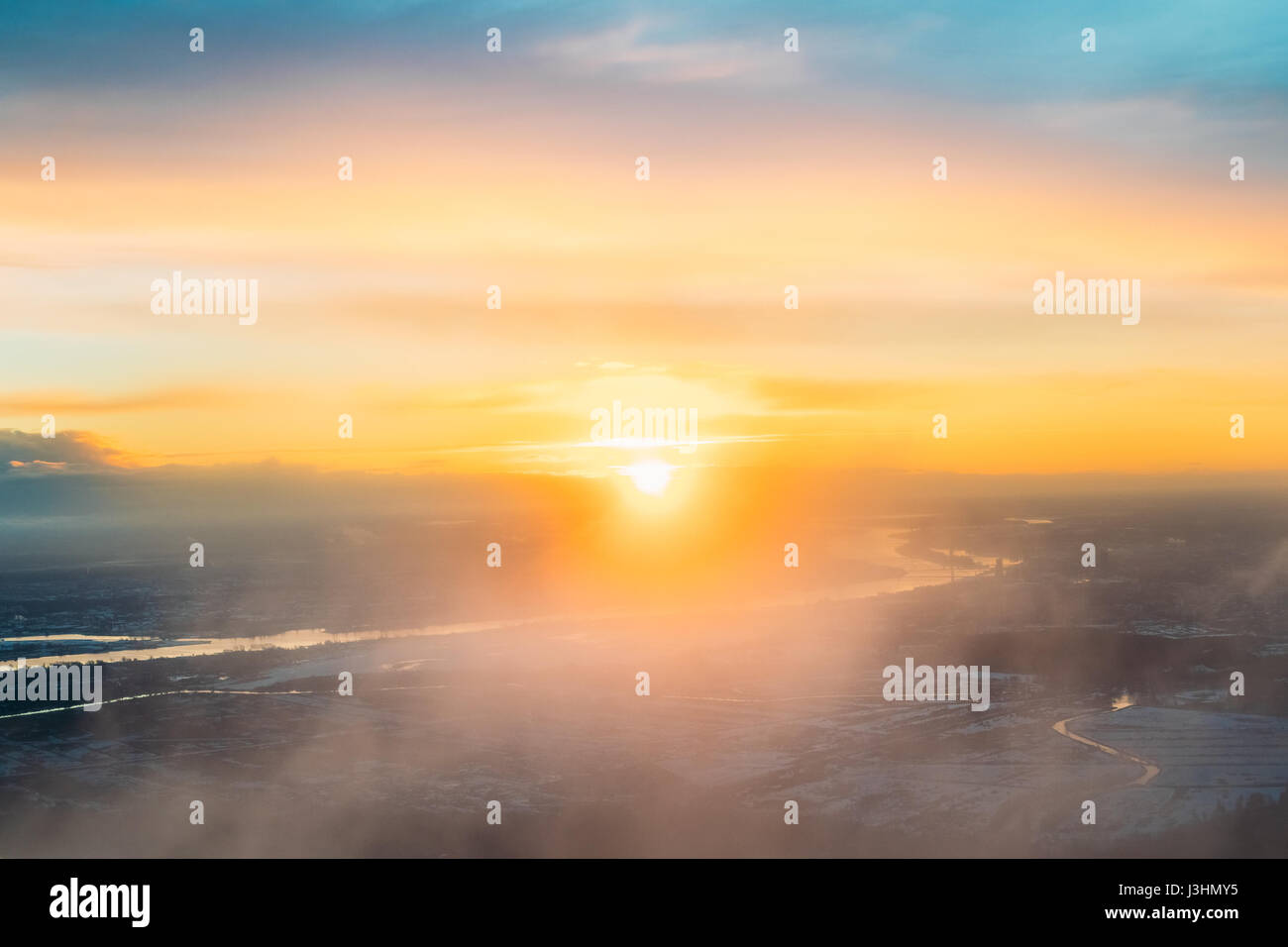 Top View Of Sunset Sunrise Over Earth. Aerial View From High Altitude ...