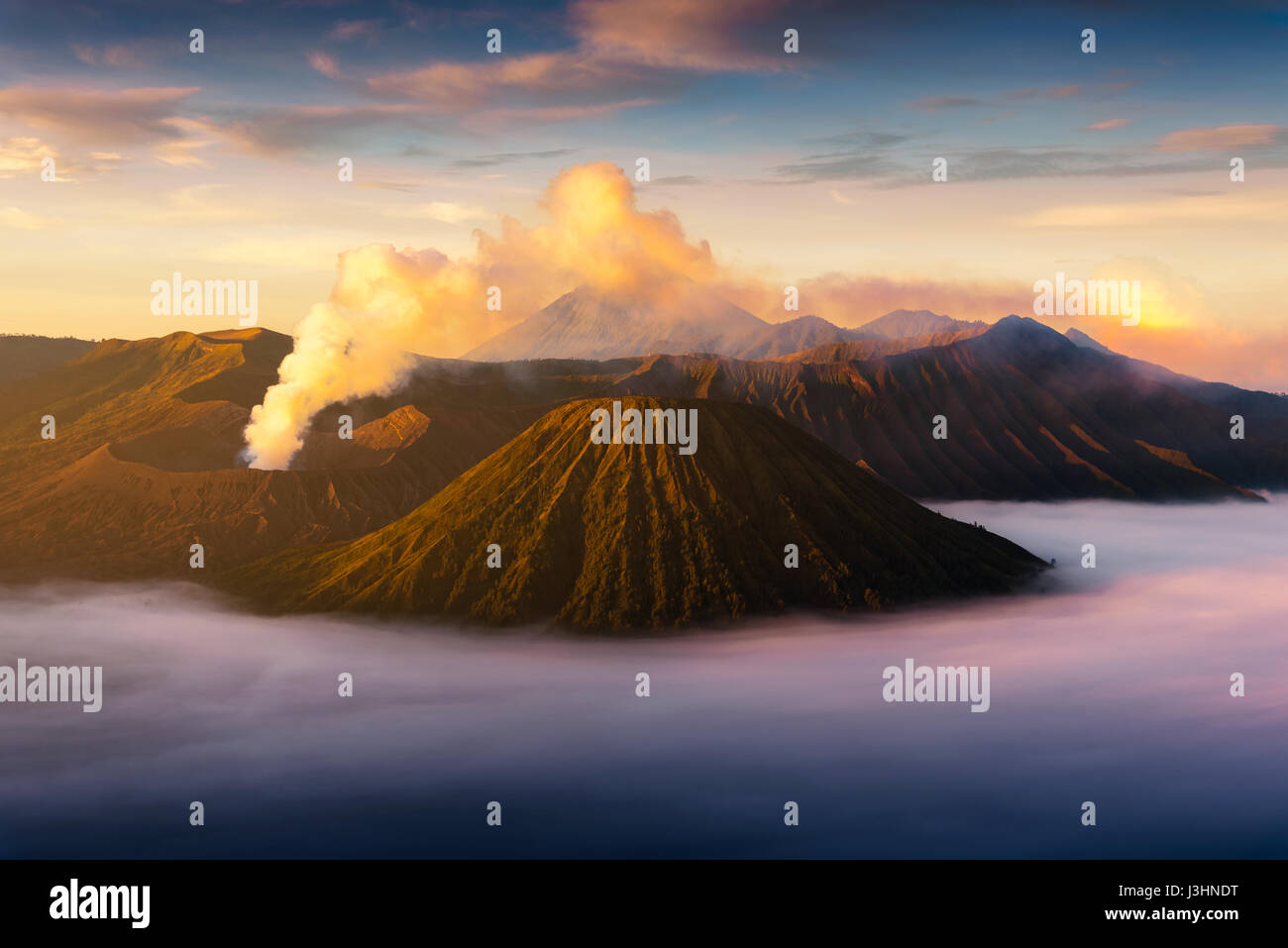 Mount Bromo volcano (Gunung Bromo) during sunrise from viewpoint on ...