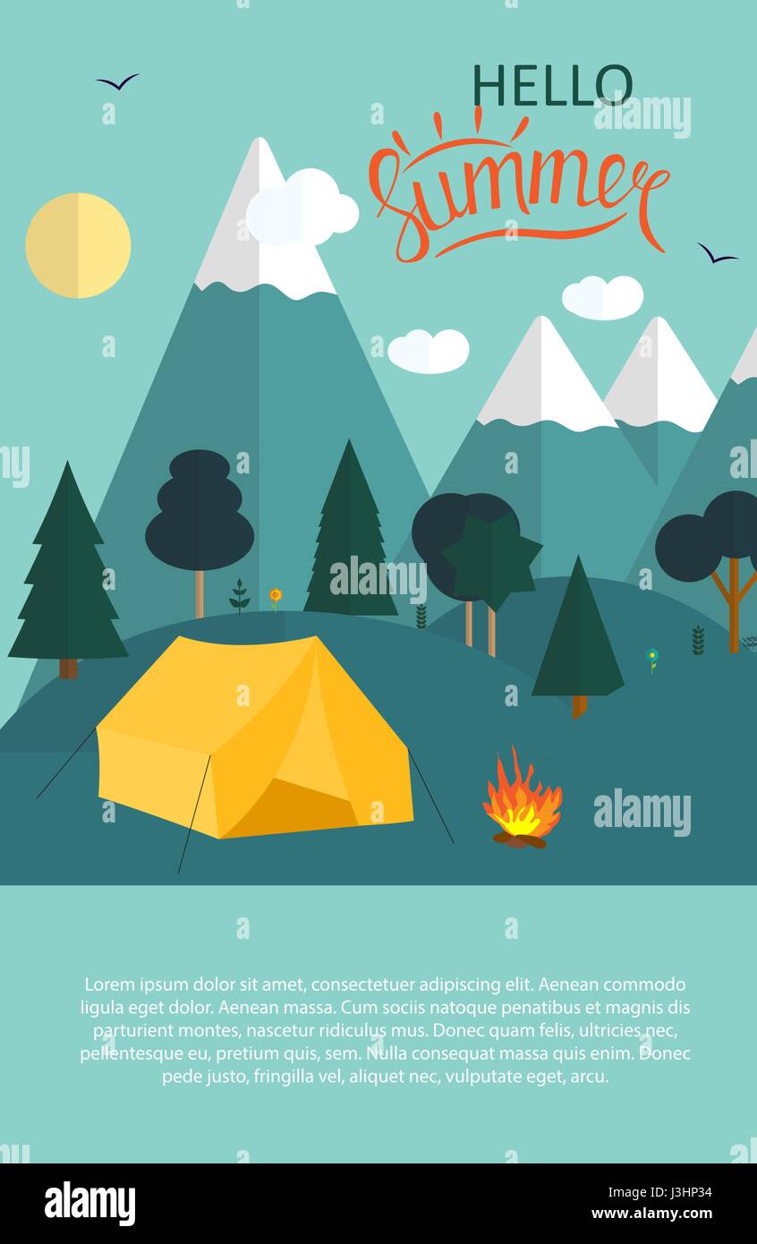 Summer Camping Nature Background in Modern Flat Style with Sampl Stock ...