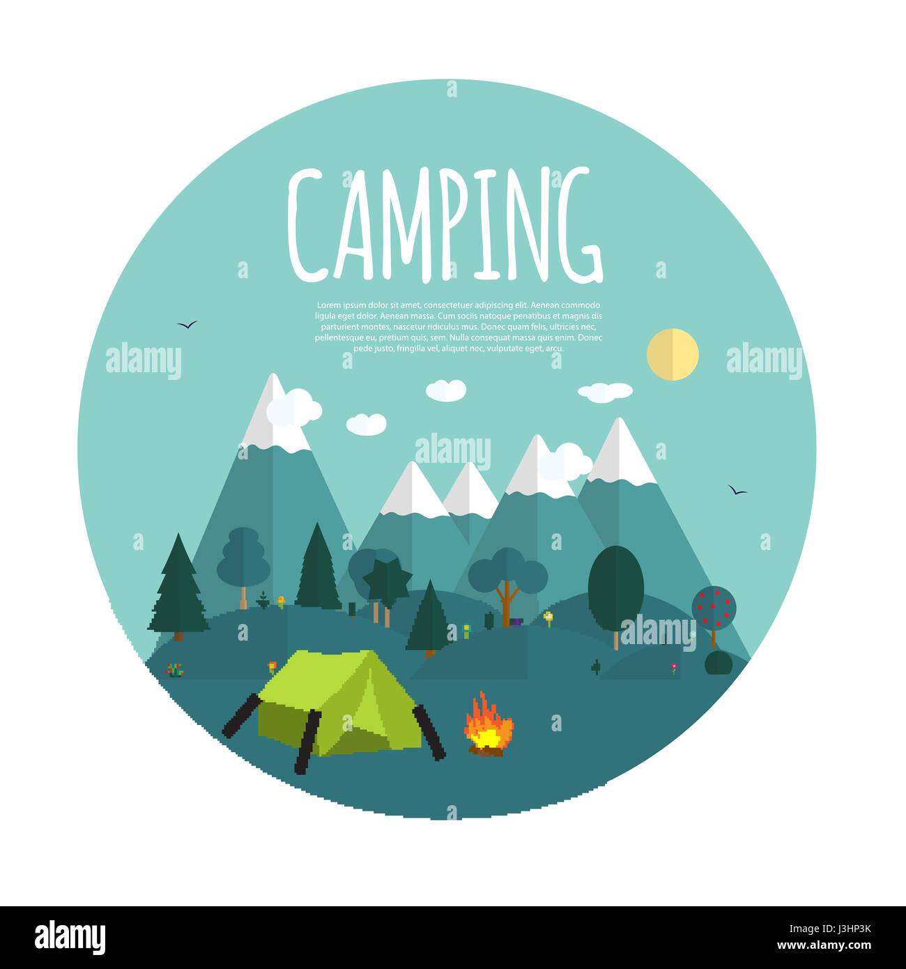 Summer Camping Nature Background in Modern Flat Style with Sampl Stock ...