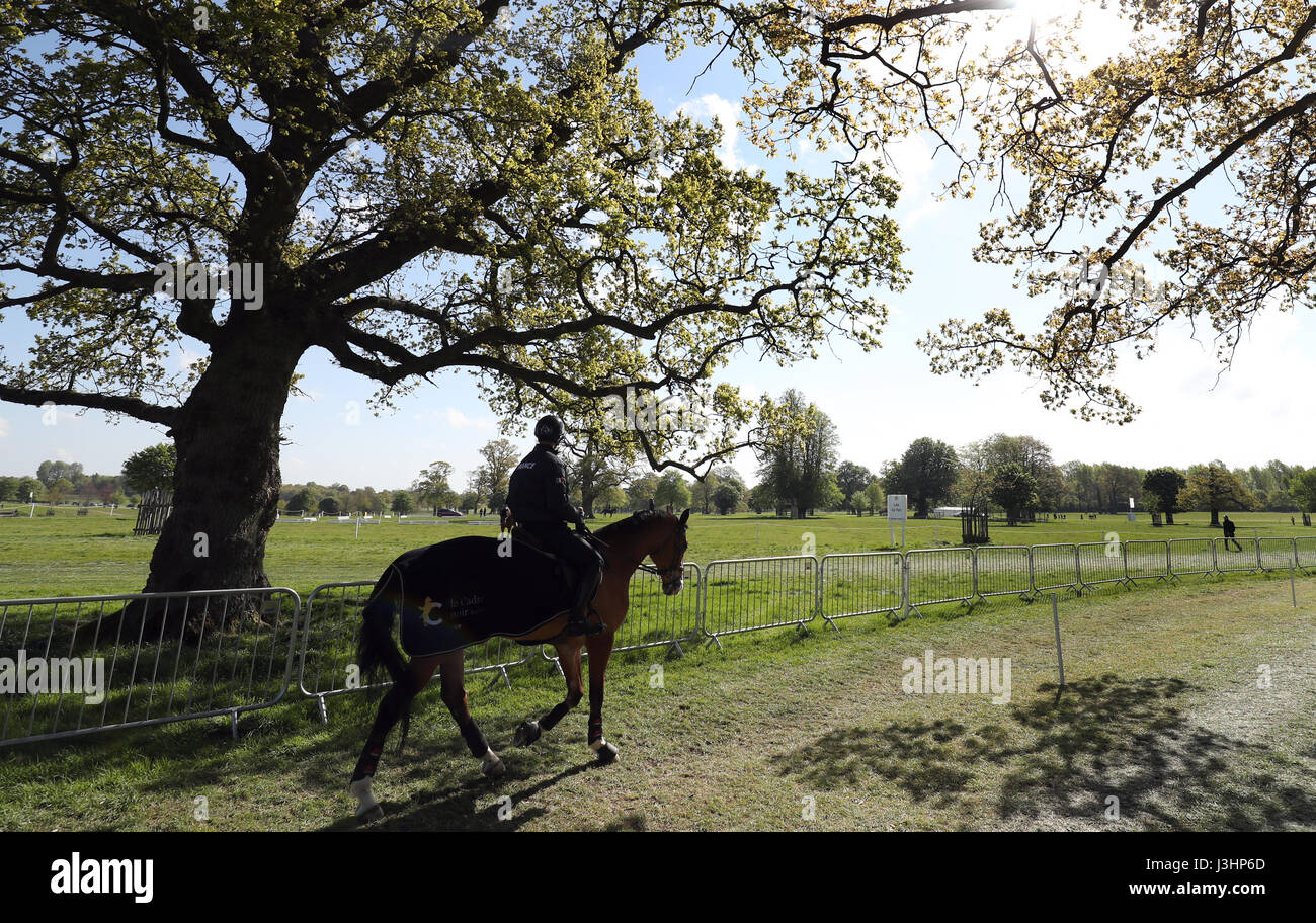 A horse is walked back to the stables after warming up during day three ...