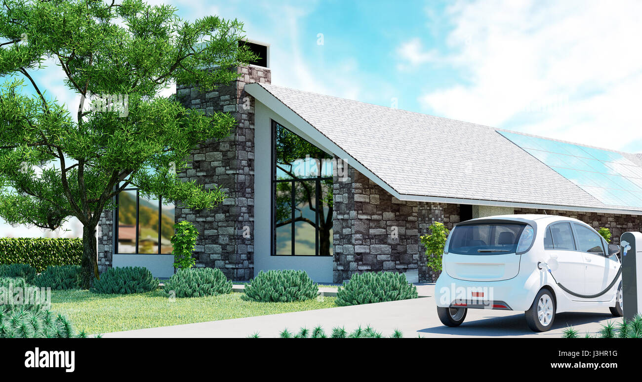 Electric car with ecologic house and solar panels Stock Photo - Alamy