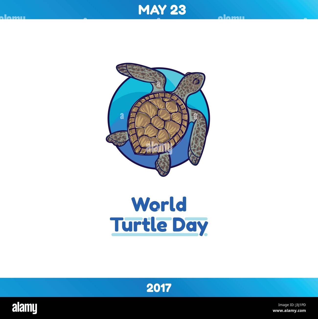 World Turtle Day, May 23. Sea turtle in a blue circle. Vector hand ...