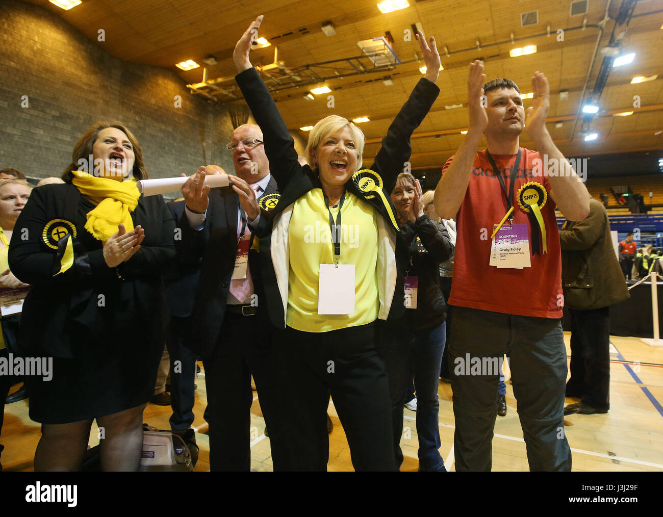 SNP councilor Catherine Fullerton(centre) celebrates winning a seat in ...