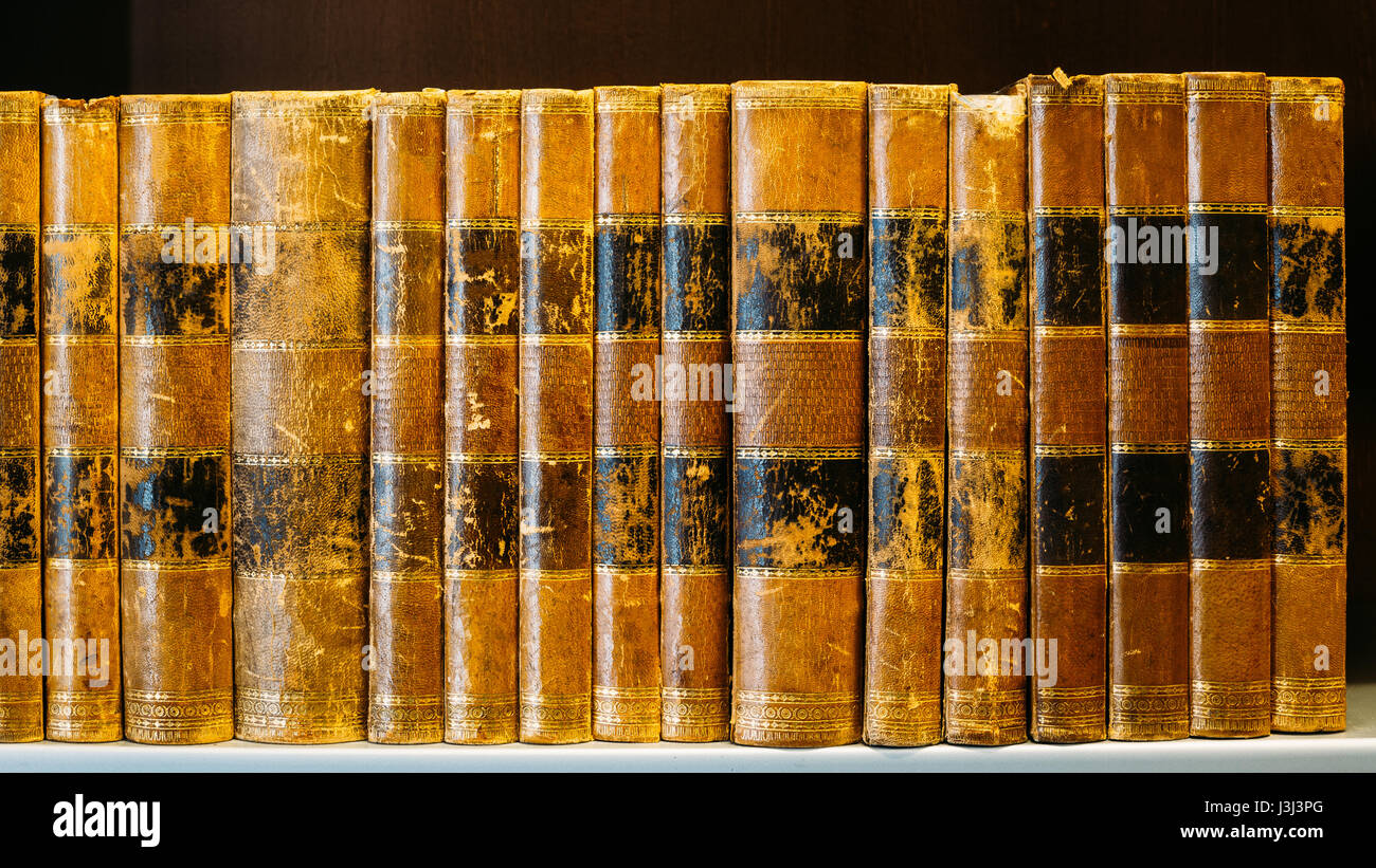 Aged Ancient Antique Old Vintage Books On A Shelfs In Library Stock ...