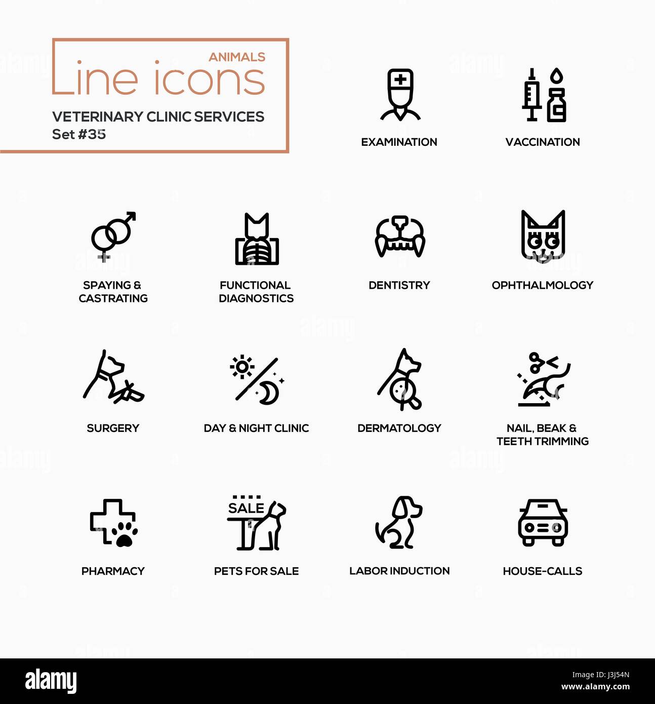 Veterinary clinic services - modern vector single line icons set Stock ...