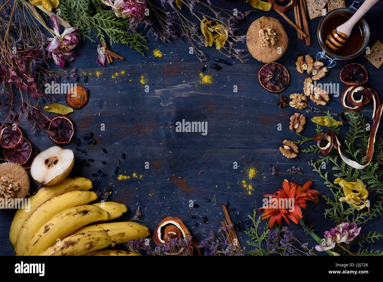 Beautiful messy background with cakces, fruits and nuts. Food frame ...