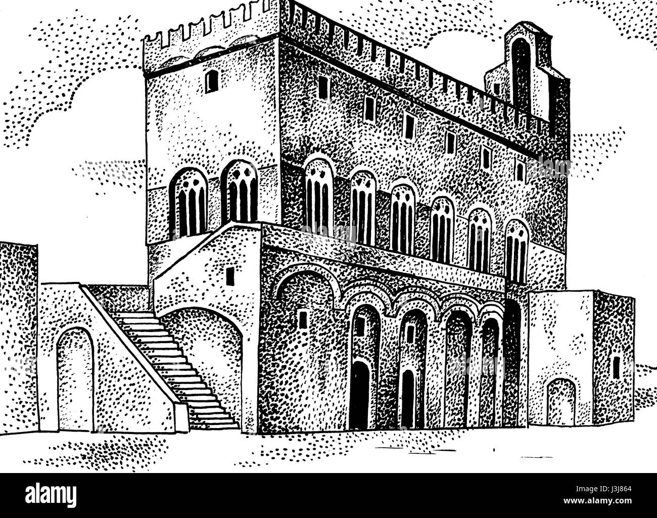 medieval hand drawn city with castle and wall european or italian town ...