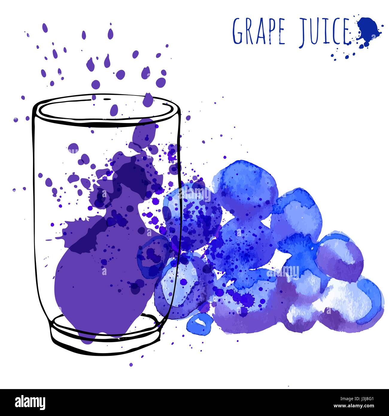 Grape juice in glass and grapevine vector illustration. Watercolor ...