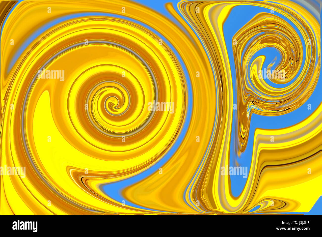 Abstract yellow swirls over light blue background. Distorted photo ...