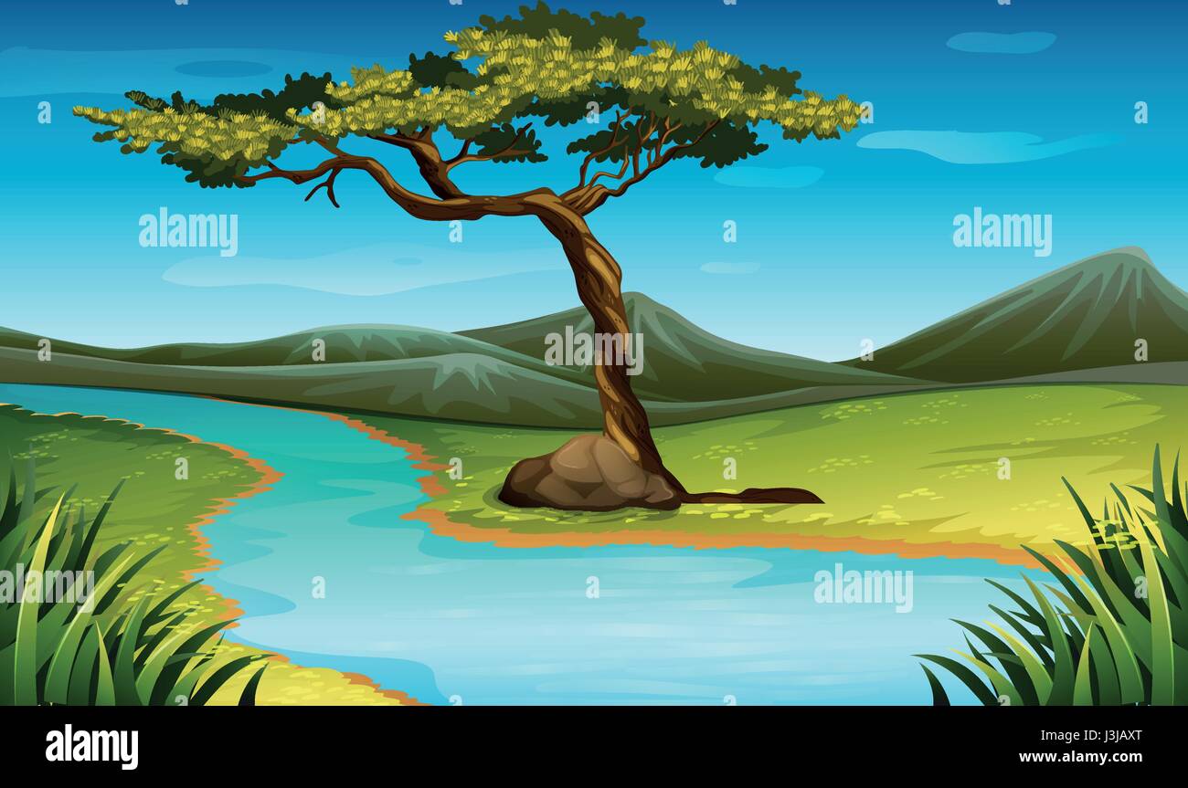 Scene with river through the field illustration Stock Vector Image ...