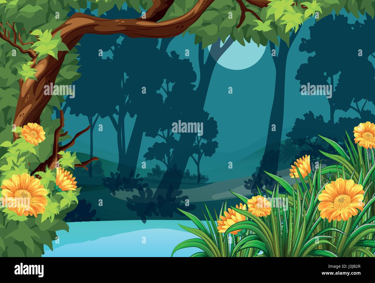 Forest scene with flowers and moon illustration Stock Vector Image ...