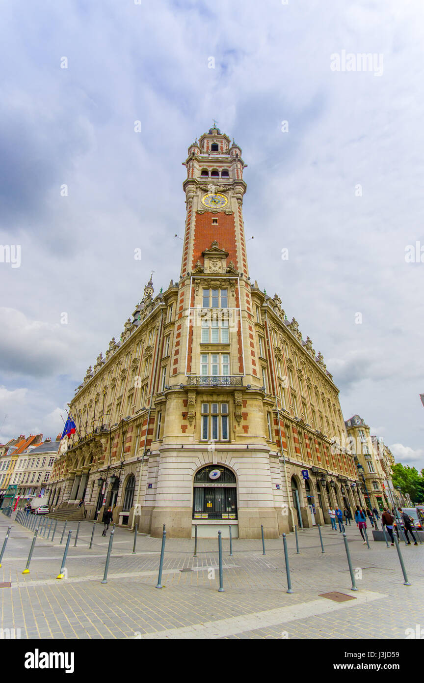 Lille, France - June 3, 2015: Famous town hall clock tower as seen from ...