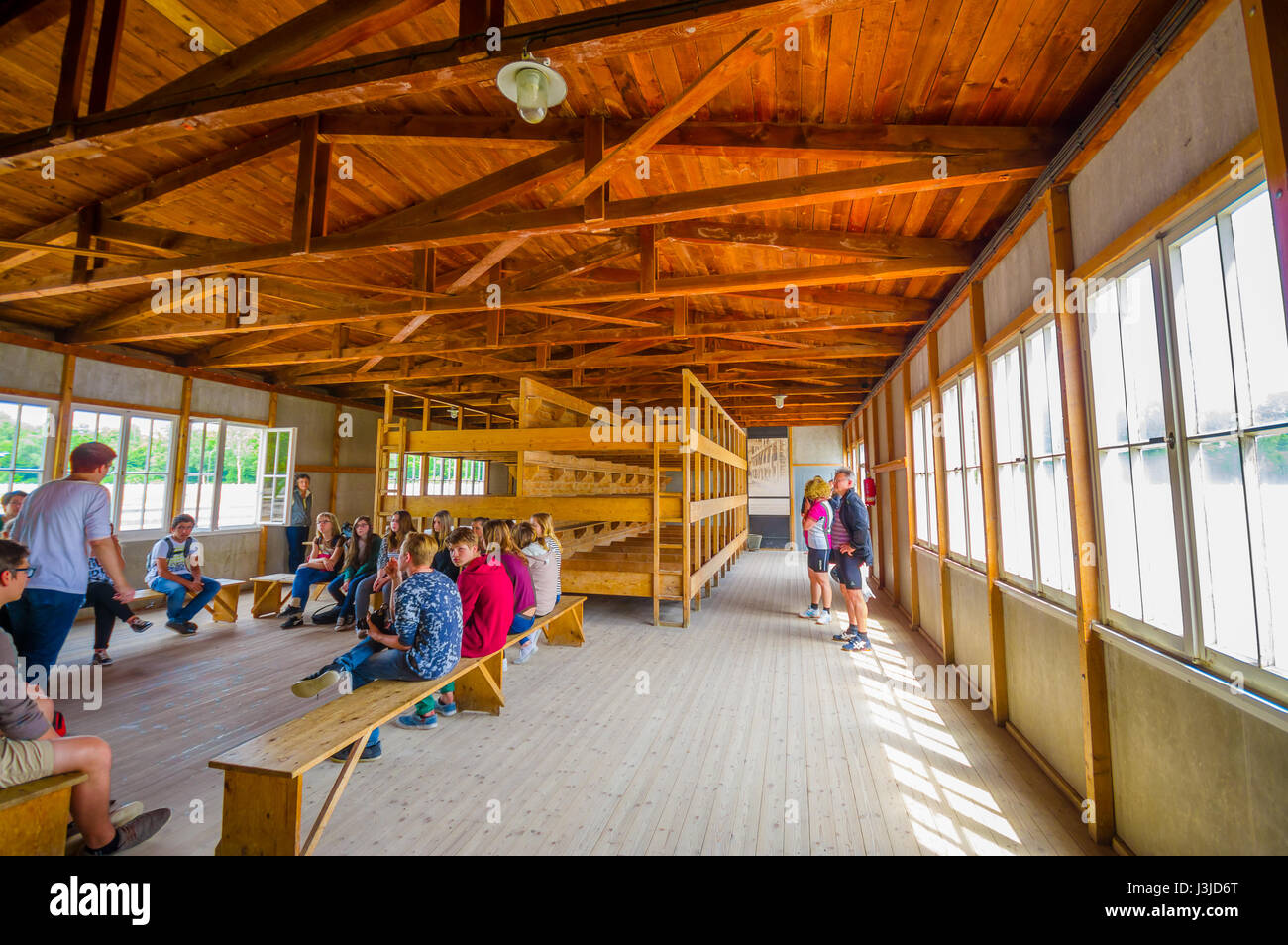 Dachau, Germany - July 30, 2015: Inside sleeping quarters with wooden ...