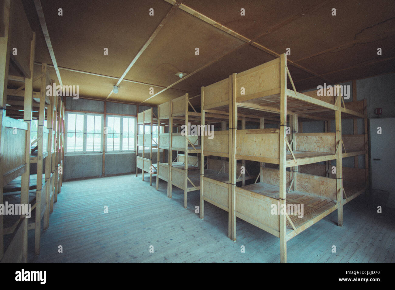 Dachau, Germany - July 30, 2015: Inside sleeping quarters with wooden ...