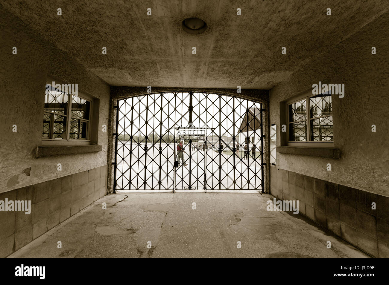 Dachau, Germany - July 30, 2015: Entrance metal gate into concentration ...