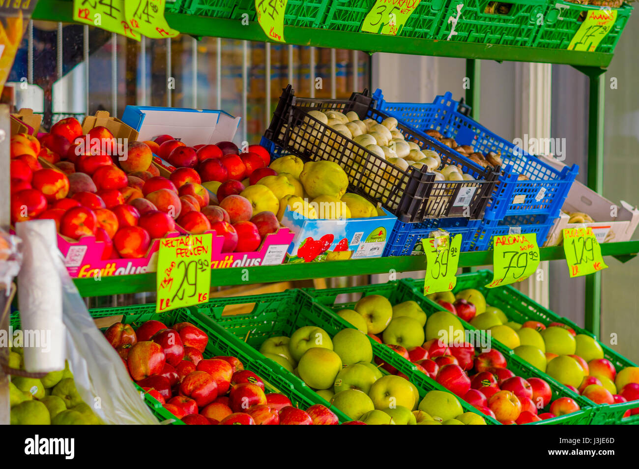 OSLO, NORWAY - 8 JULY, 2015: Typical vegetable market in Torggata where ...
