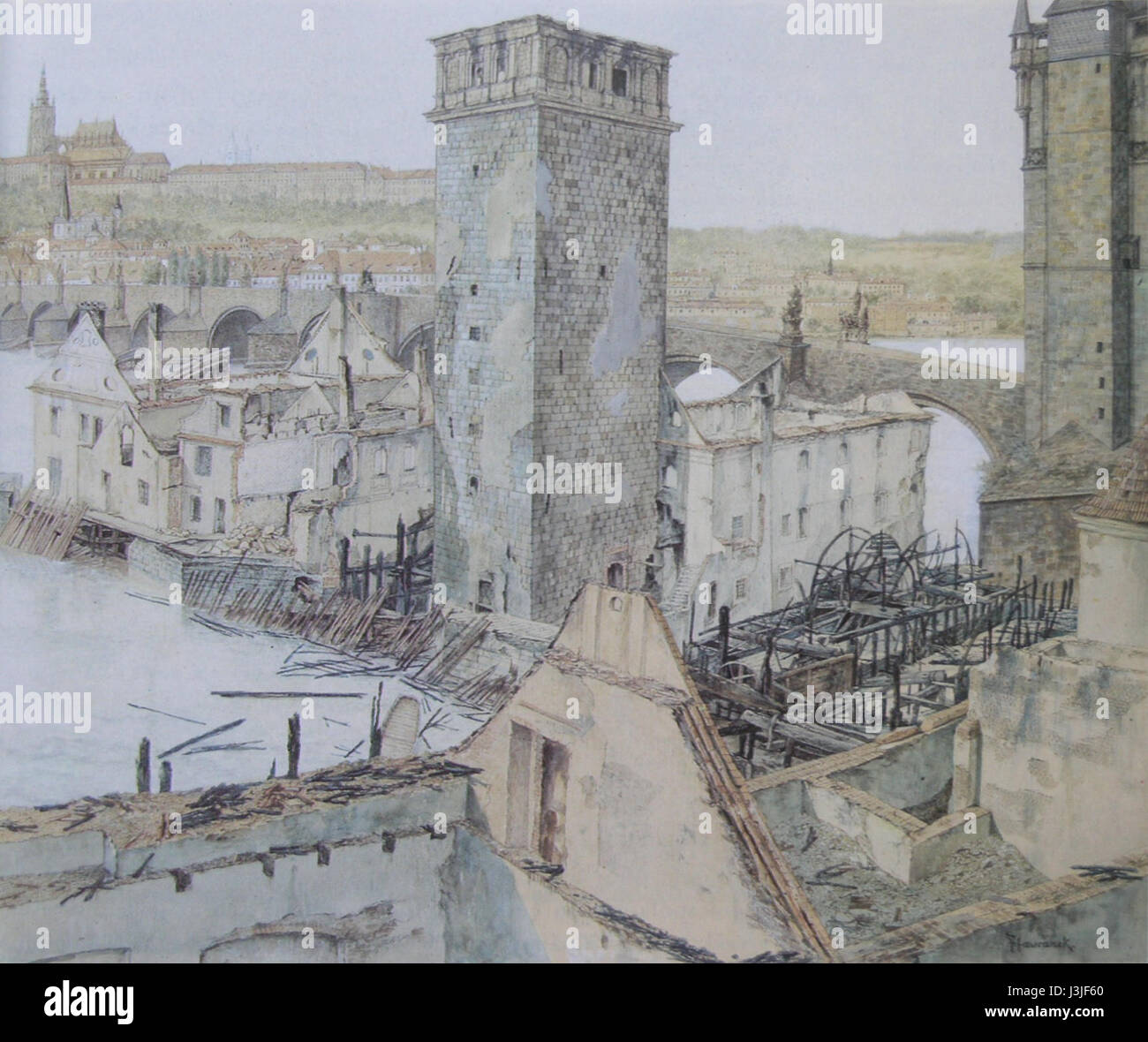 Havranek, Bedrich Staromestske mlyny po pozaru v roce 1848 (1852 Stock ...