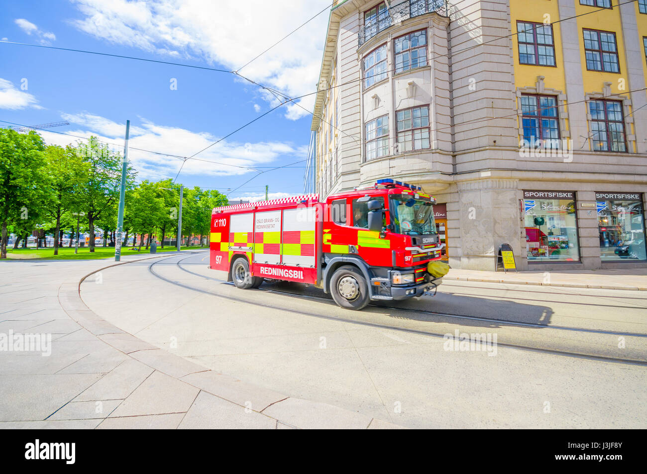 OSLO, NORWAY - 8 JULY, 2015: Red firetruck passing by in Fred ...
