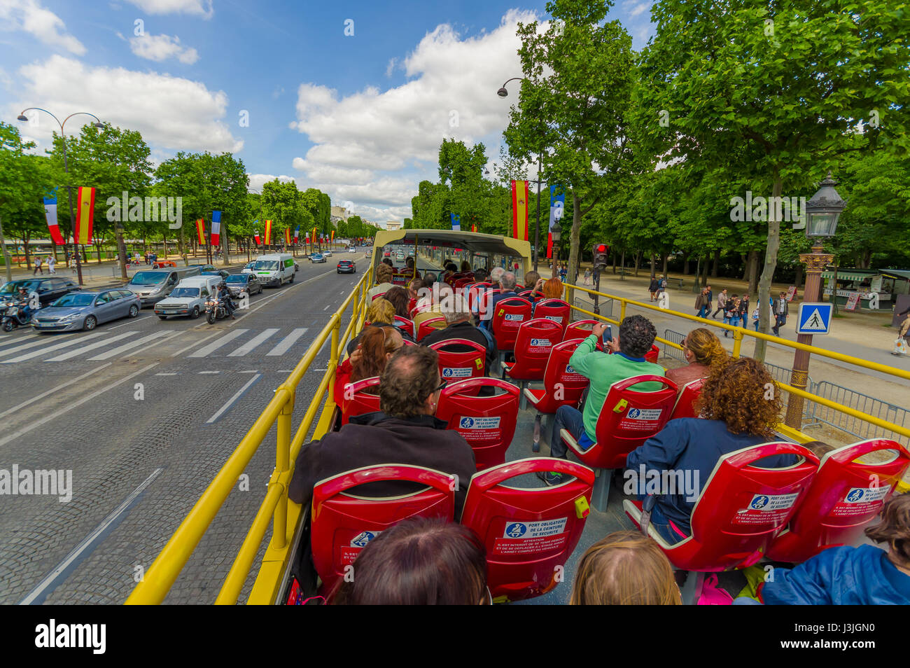 Paris, France - June 1, 2015: Great view from city tour bus driving ...
