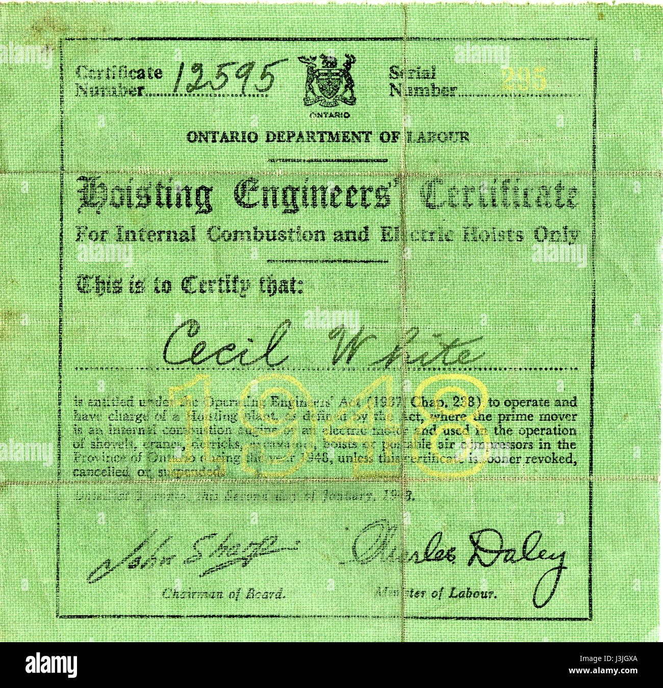 This is a hoisting engineerâ€™s certificate from 1948, a professional ...