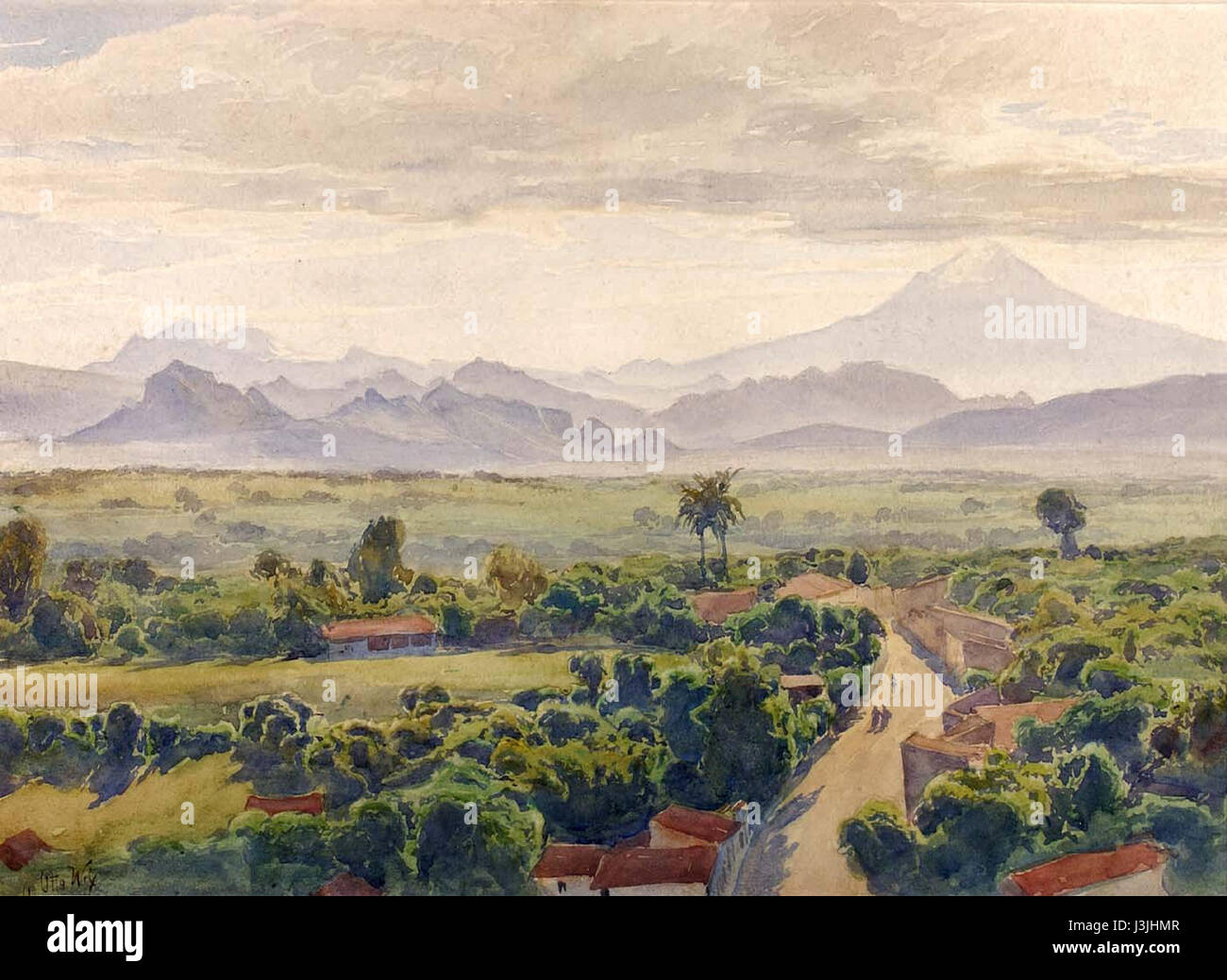 This watercolor by Henry Otto Wix shows a scenic view of Cuernavaca ...