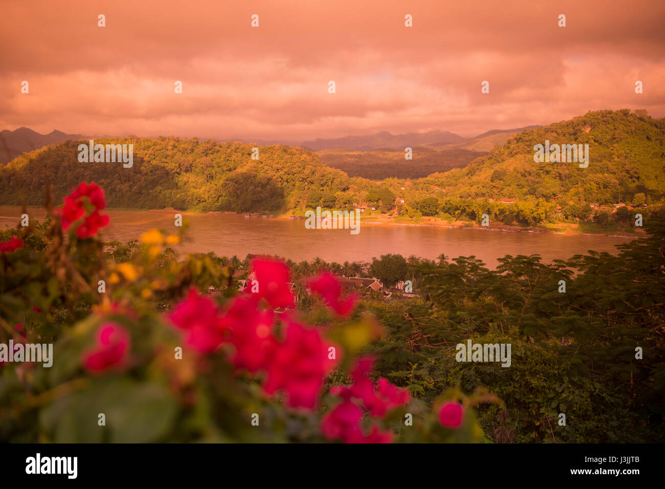 the Landscape at the Mekong River in the town of Luang Prabang in the ...