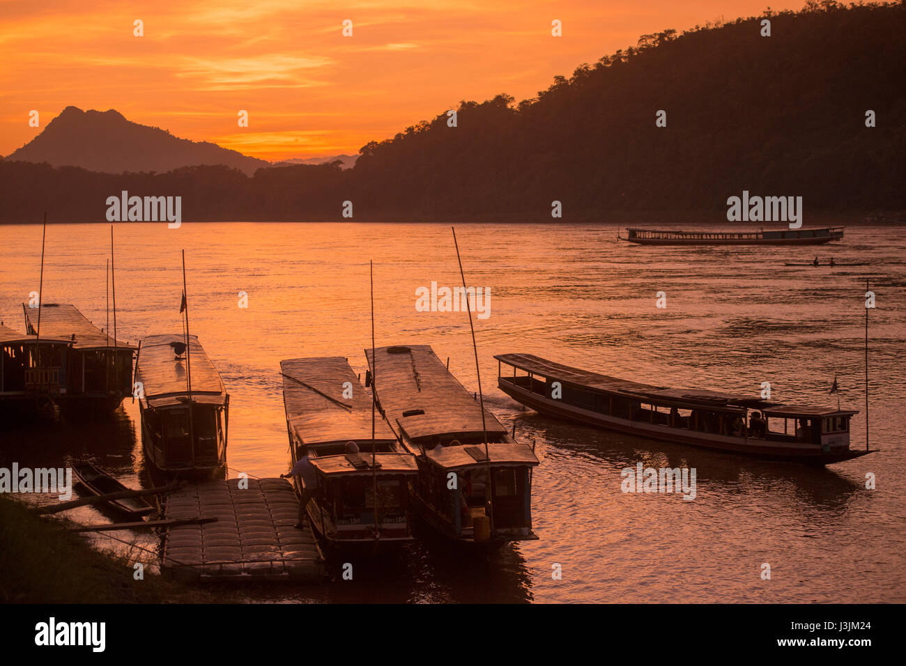 the Landscape at the Mekong River in the town of Luang Prabang in the ...