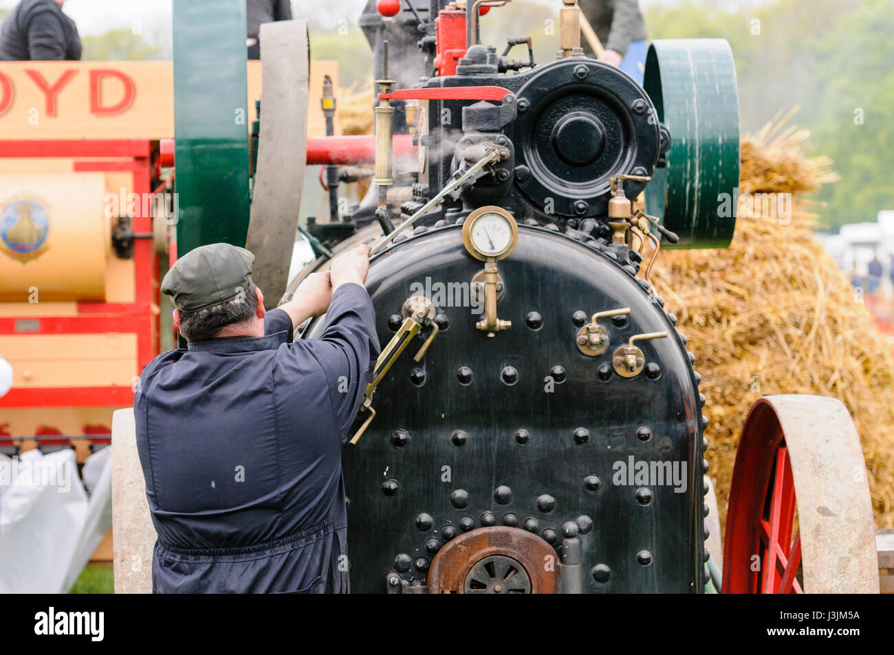 The driver of a traction engineopens the main valve to power a theshing ...