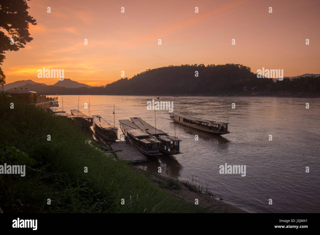 the Landscape at the Mekong River in the town of Luang Prabang in the ...